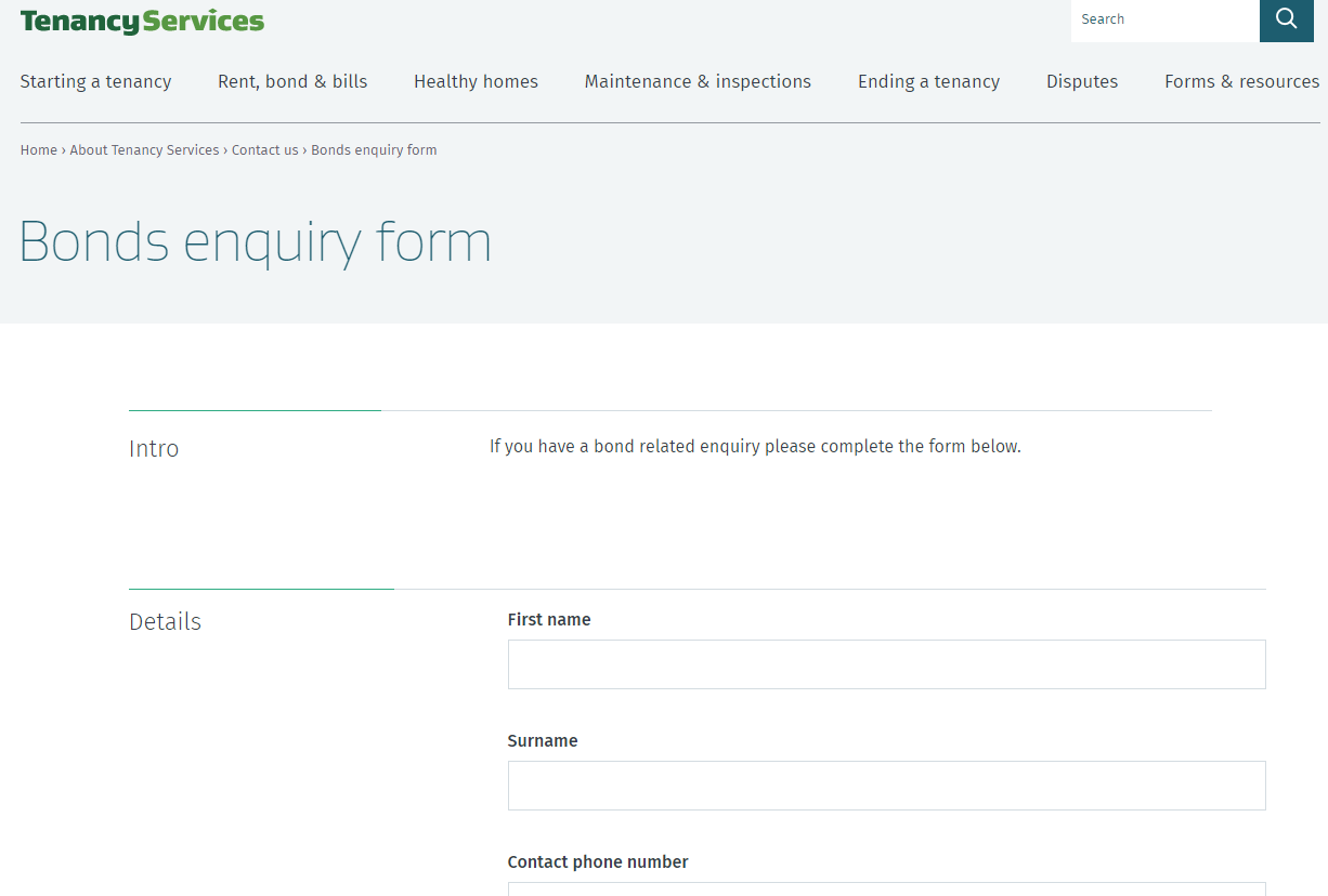 Tenancy Services bonds enquiry form, alternative to clogged phone lines ...